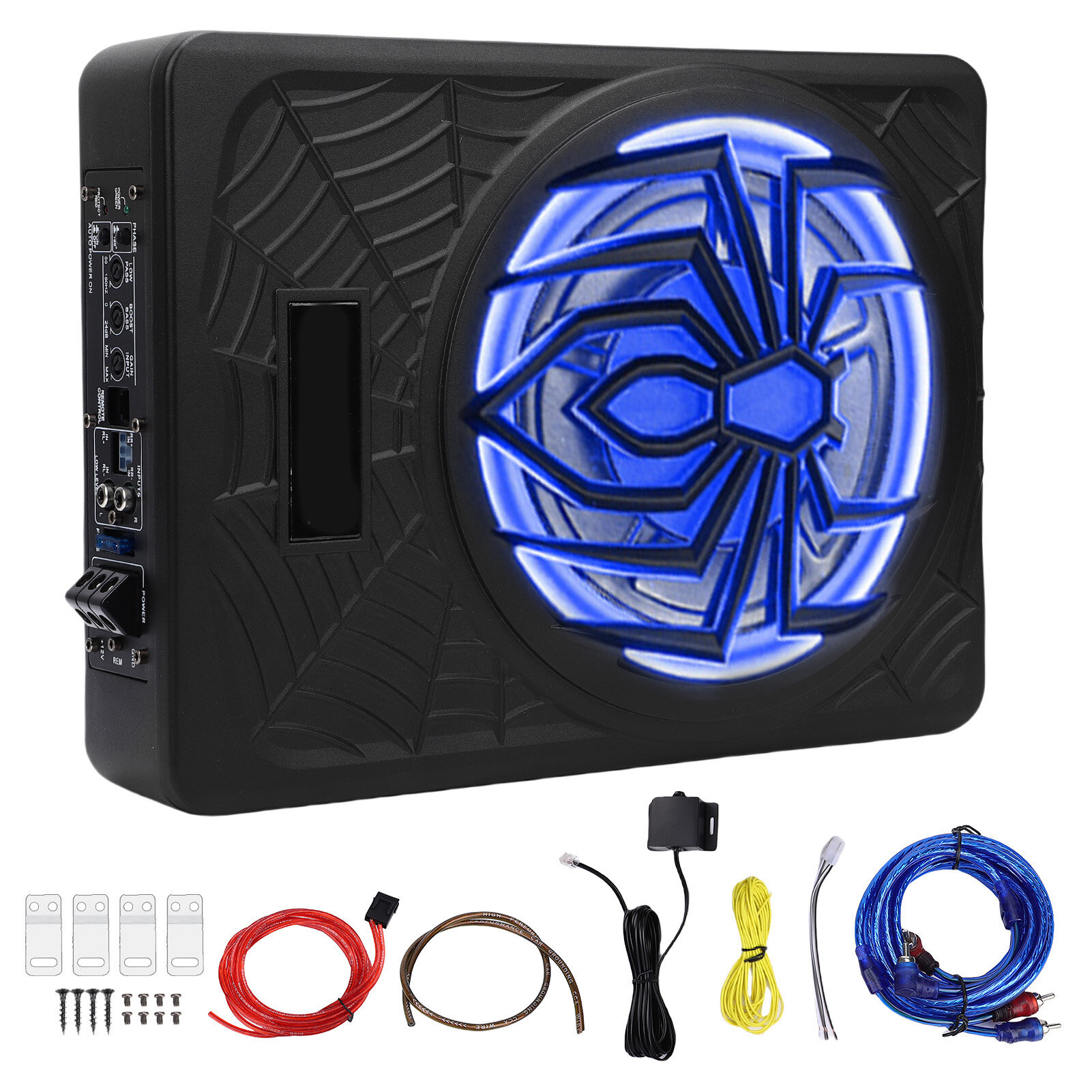 10 Inch 1250W Car Subwoofer Slim Active Powered Under Seat Car Subwoofer Built in Amplifier Remote Control Low Pass Gain Boost Deep Bass for Truck SUV