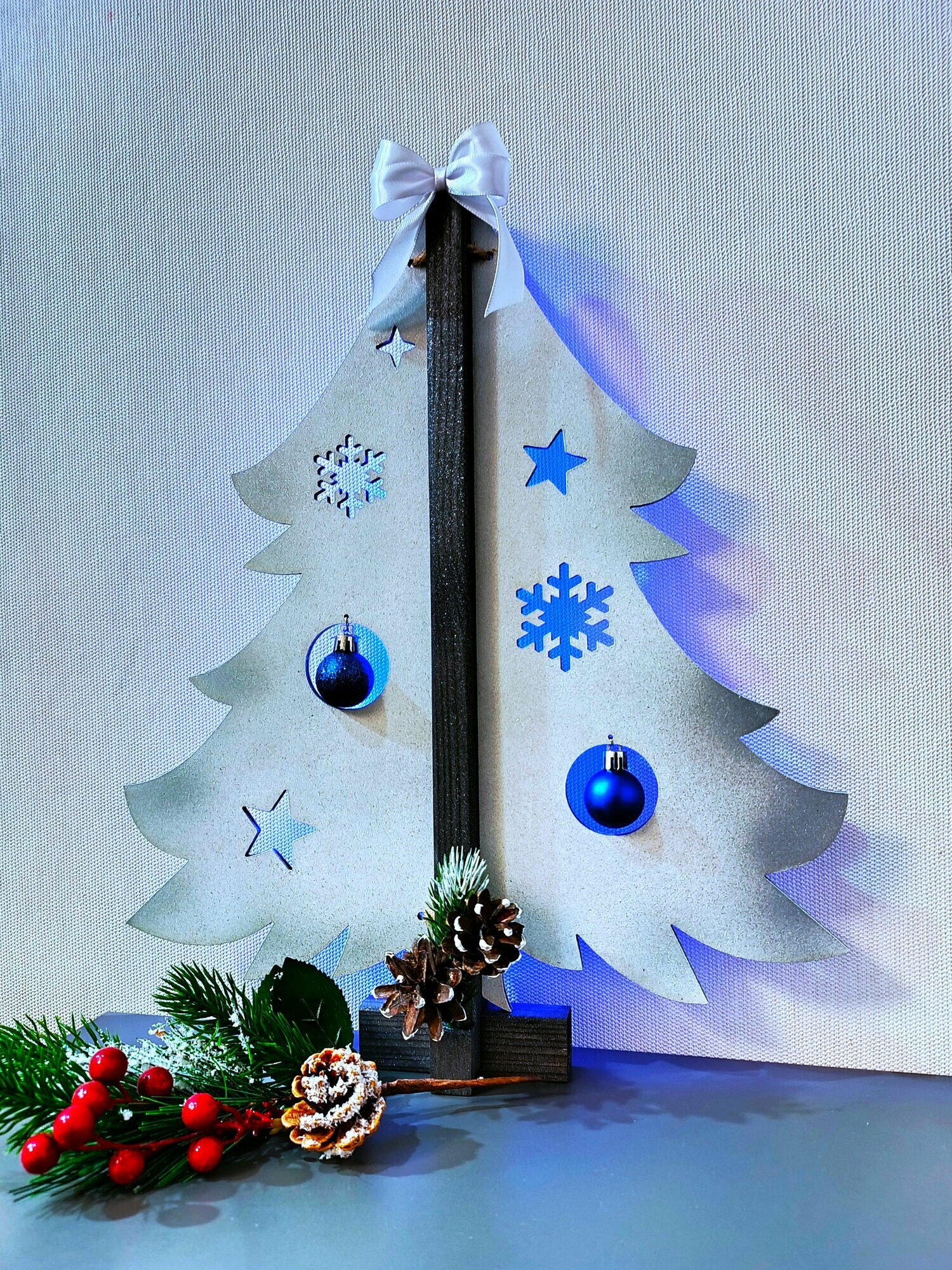 Ёлка Новогодняя Настольная + Настенная с Украшениями и Яркой Подсветкой