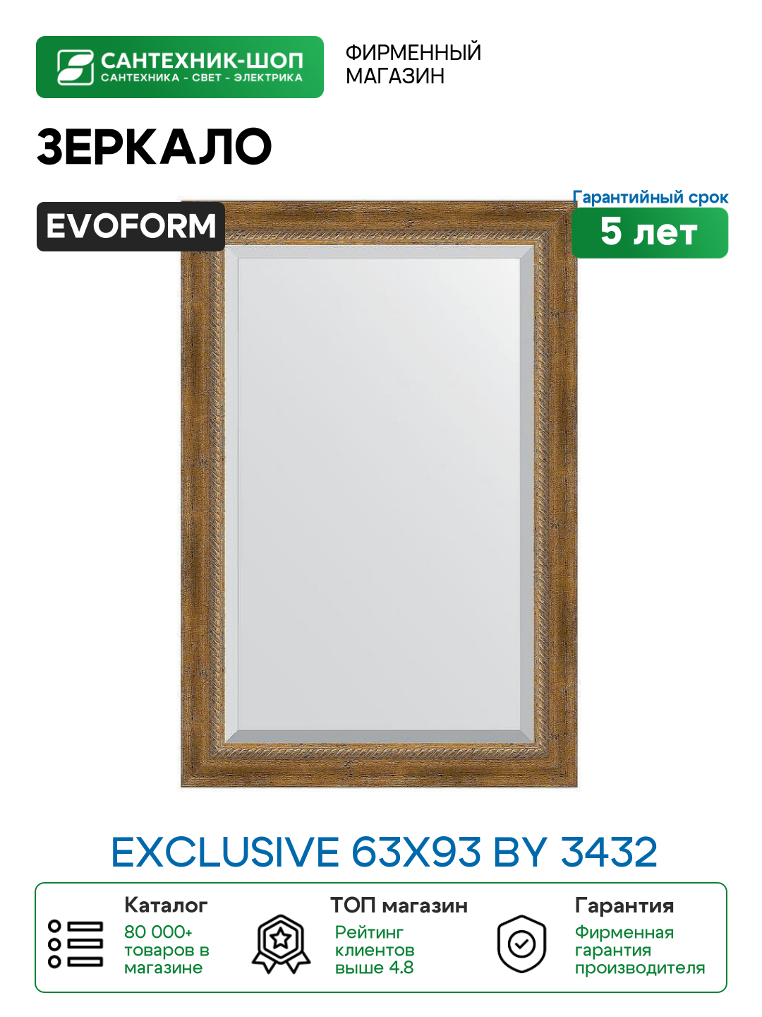 Зеркало Evoform Exclusive 63х93 BY 3432 с фацетом в багетной раме - Состаренная бронза с плетением 70 мм стекло