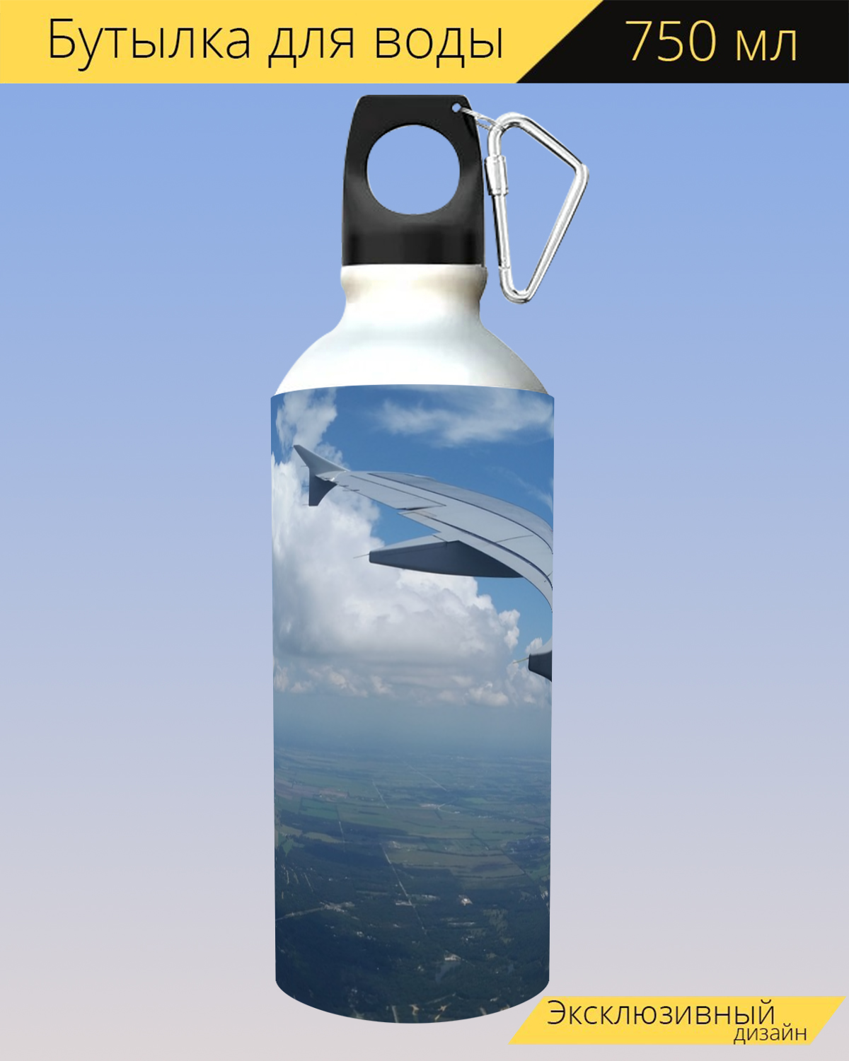 Бутылка фляга для воды "Самолет, самолет сиденье, полет" 750 мл. с карабином и принтом