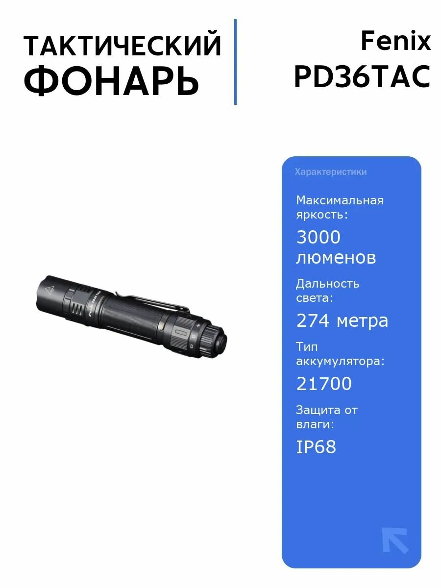 Фонарь Fenix PD36TAC LED 3000 лм, тактический, для активного отдыха, с USB зарядкой и защитой IP68
