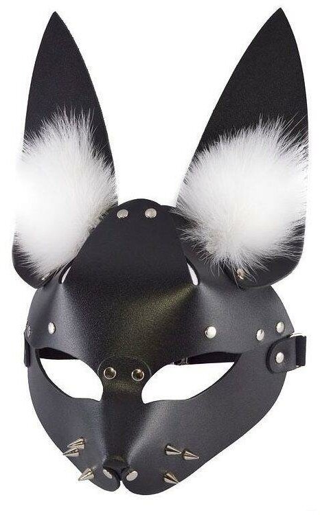 Бдсм маска кожаная с белым мехом на ушках Зайка для ролевых игр, чёрная