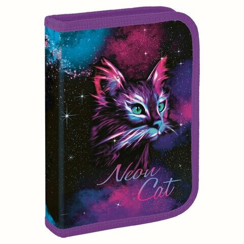 Пенал BRAUBERG с наполнением, 1 отделение, 1 откидная планка, 24 предмета, 21х14 см, "Neon cat", 271523