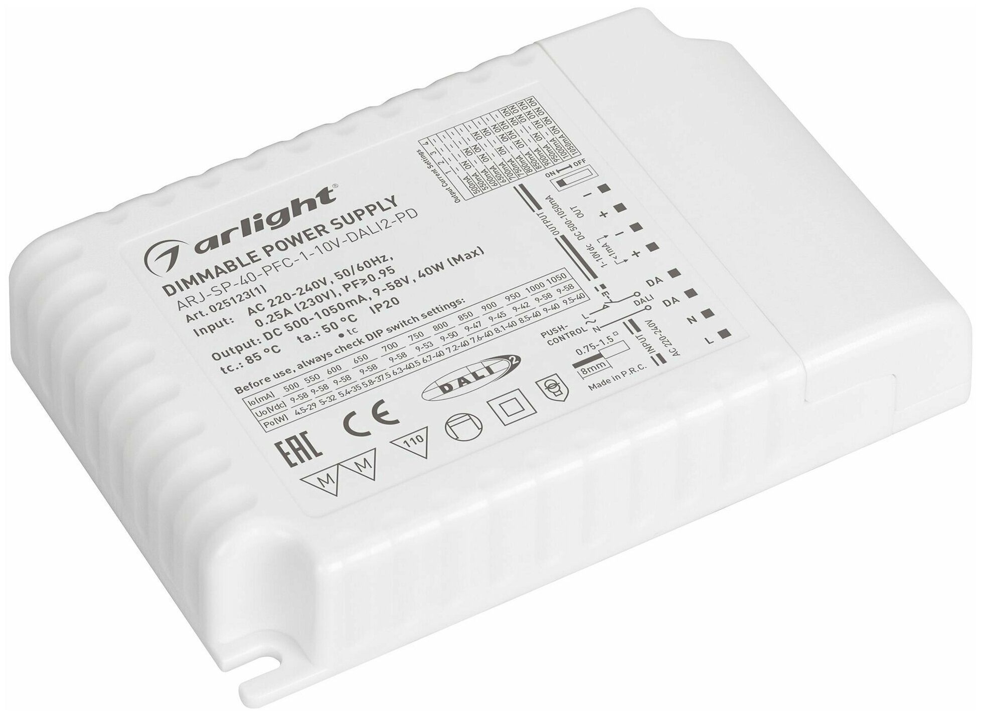 Блок питания для светильника Arlight ARJ-SP-40-PFC-1-10V-DALI2-PD (40W, 500-1050mA)