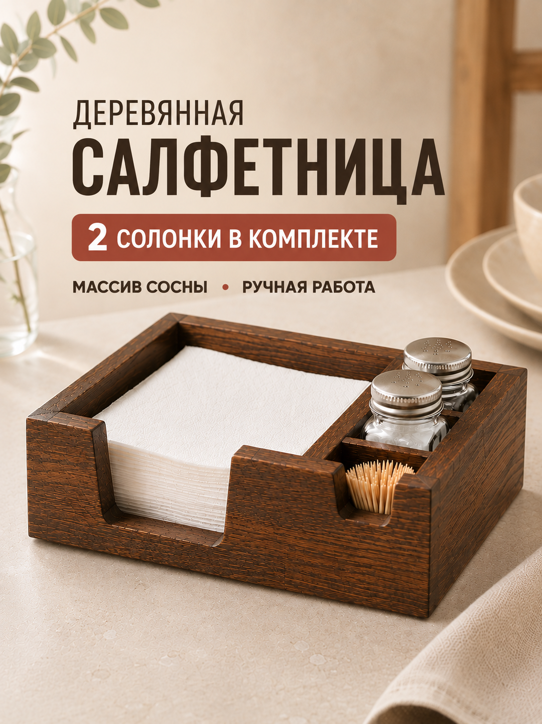 Салфетница-органайзер на стол деревянная; Набор солонка и перечница