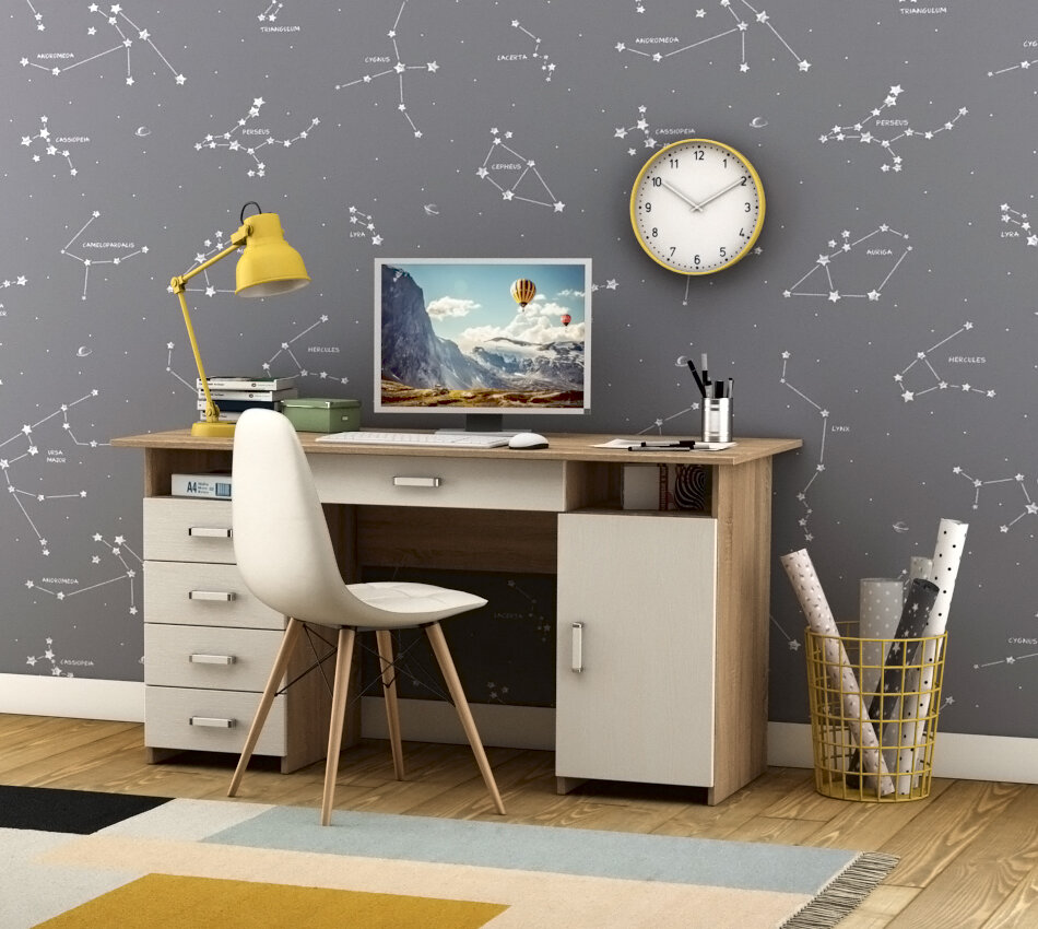 Стол письменный, стол компьютерный Лайт (Ньюкасл) 8Я дуб сонома/белое дерево