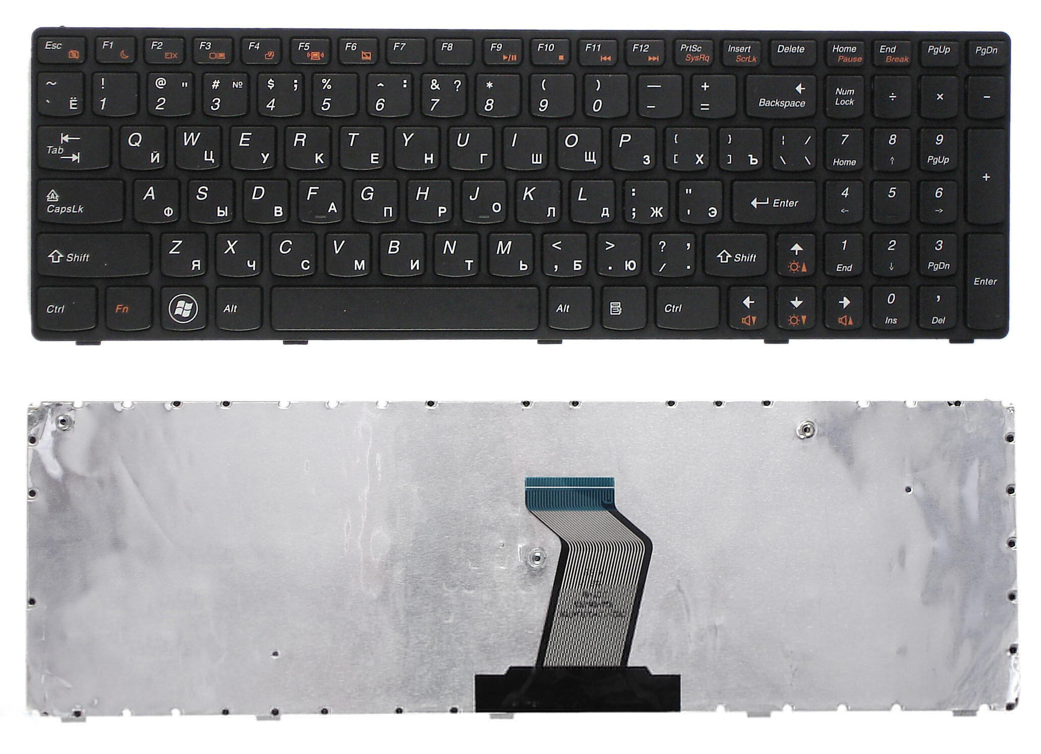 Клавиатура для Lenovo PK130E43A05 черная с черной рамкой, ножка крепежа находится рядом со шлейфом