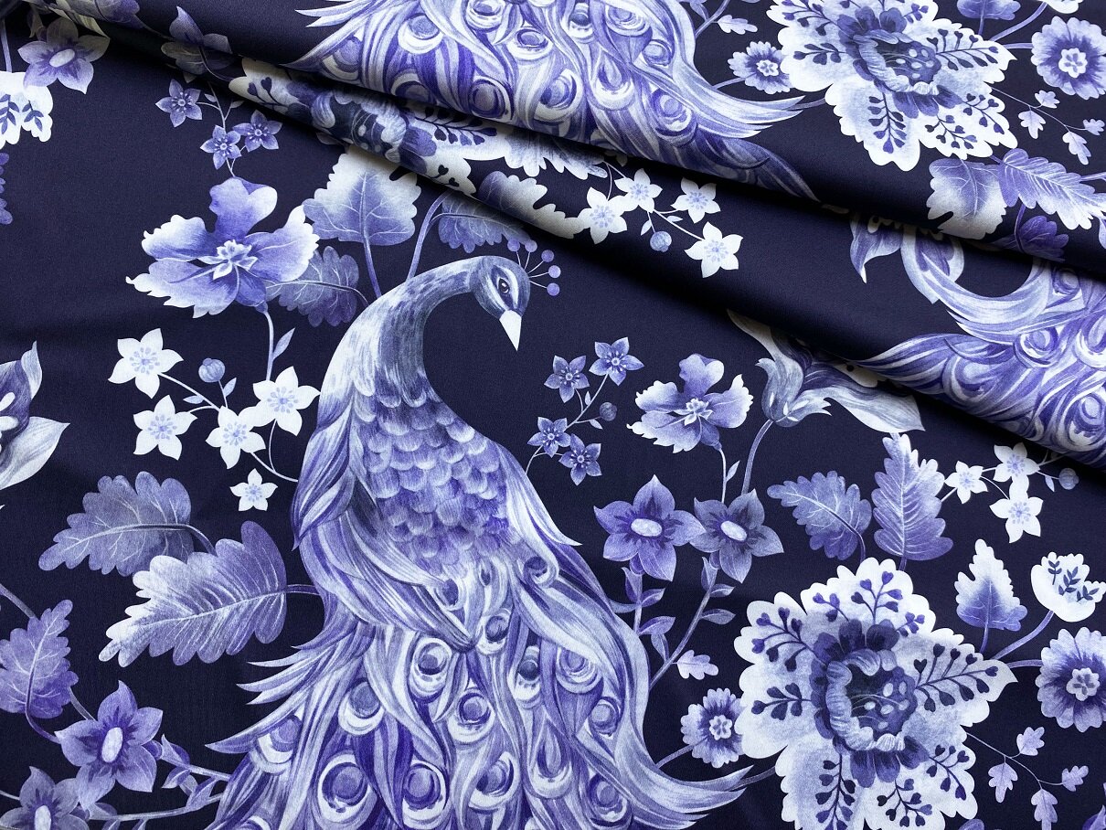 Ткань Хлопок чернильного цвета с принтом павлины 16898