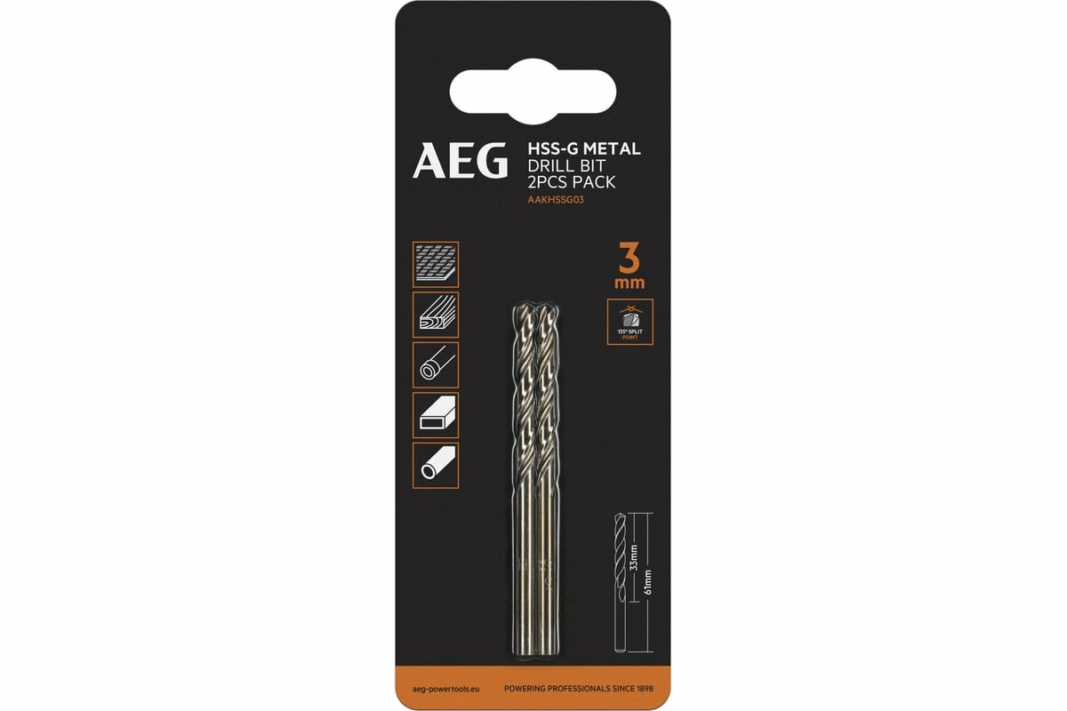 AEG Сверло по металлу HSS-G, набор 2 шт, размер 3x33x61 мм, модель AAKHSSG03