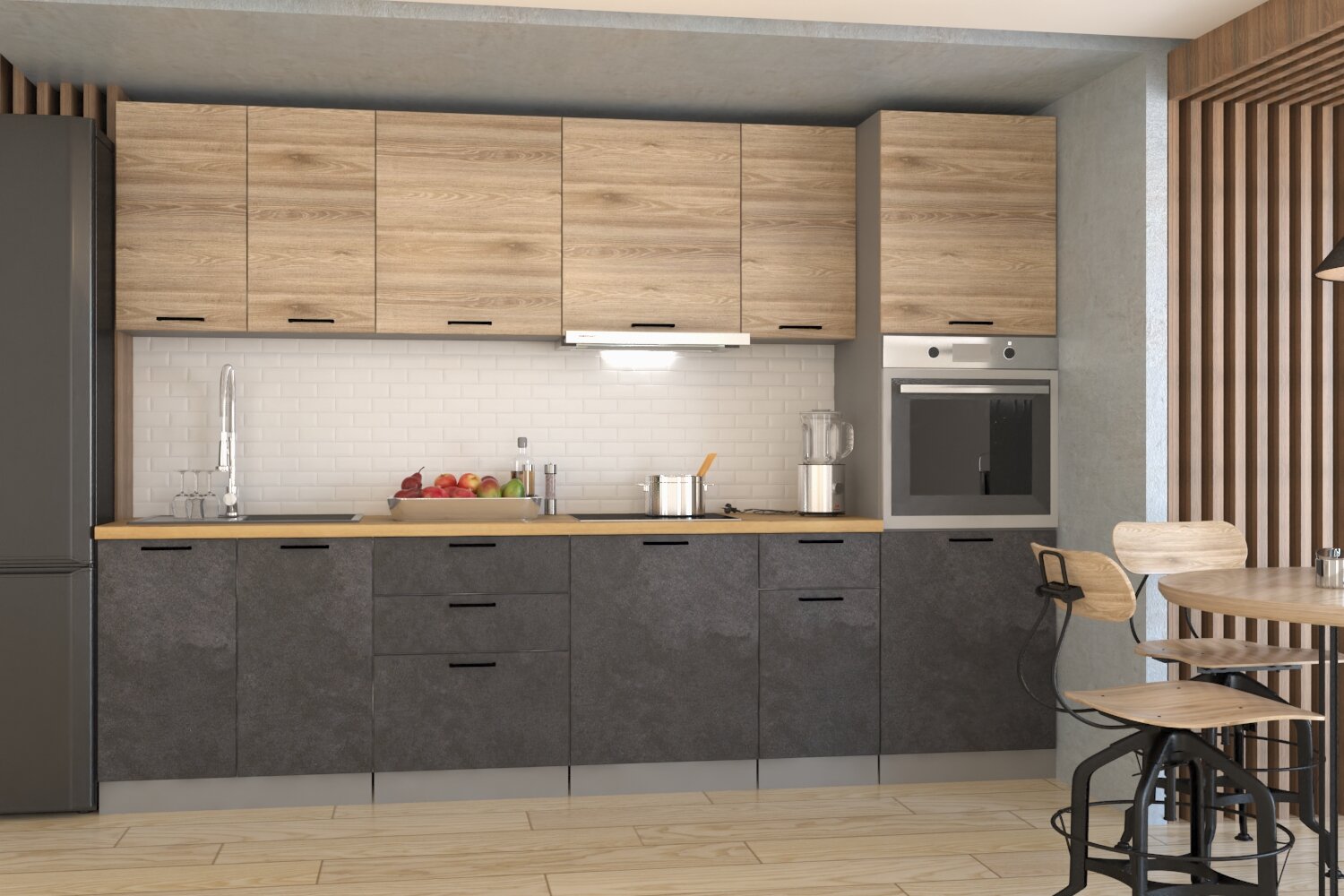 Кухонный гарнитур Лофт, рустик/бетон, фасады МДФ, столешница дуб Бунратти, 3000 мм