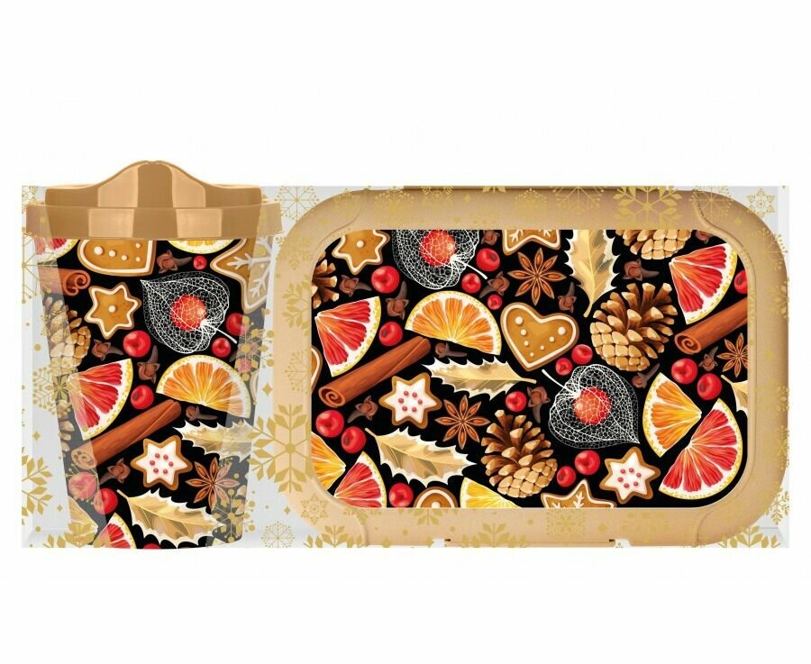 Набор: стакан с крышкой 420мл с декором + ланч-бокс 0,85л с декором (золотой) 222106238/01 IDIland