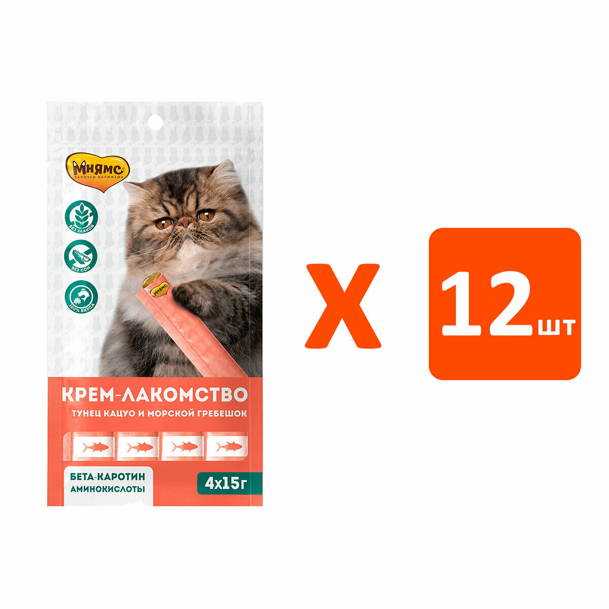 Лакомство мнямс для кошек крем с тунцом Кацуо и морским гребешком (4 шт х 12)