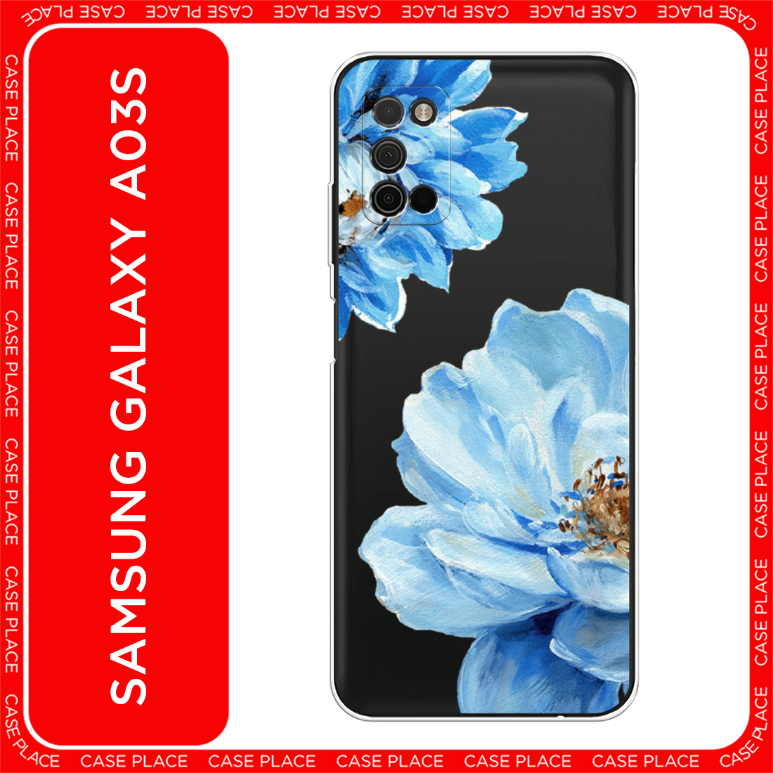 Чехол на Samsung Galaxy A03S / Самсунг Галакси A03S с принтом Голубые клематисы, прозрачный