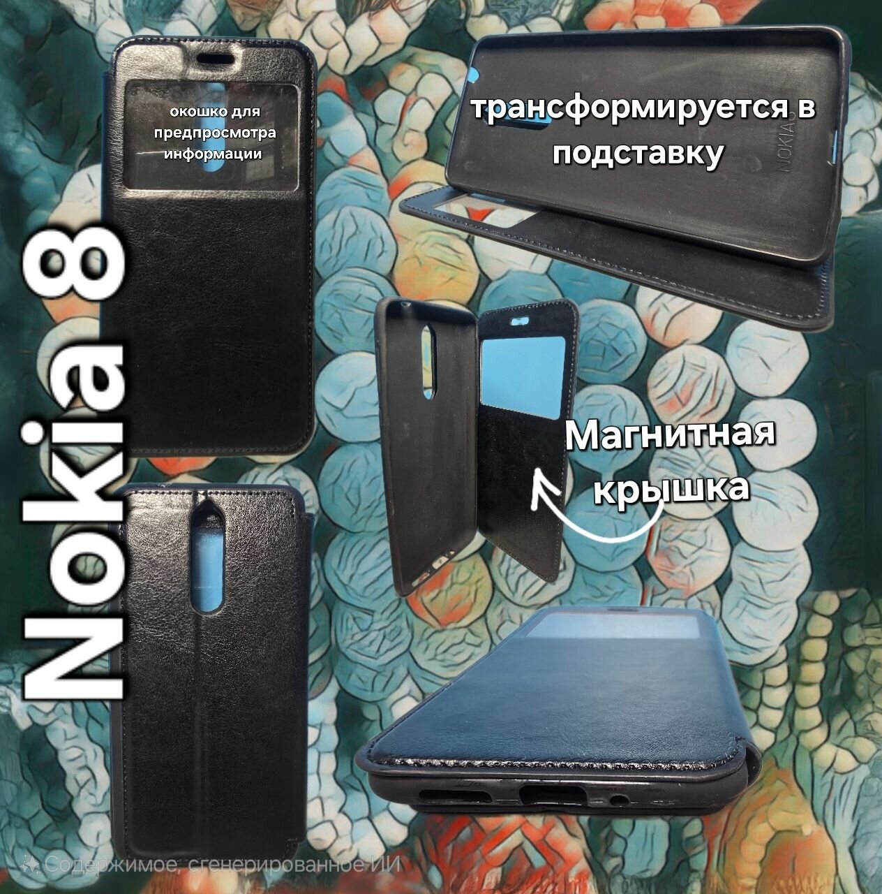Чехол-книжка "Противоударный", для Nokia 8, чёрный, силикон, искусственная кожа