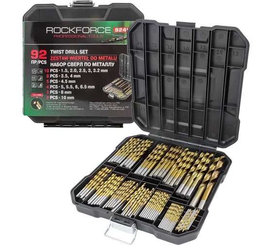 Набор сверел по металлу в кейсе HSS 92 шт ROCKFORCE RF-924U92(49385)