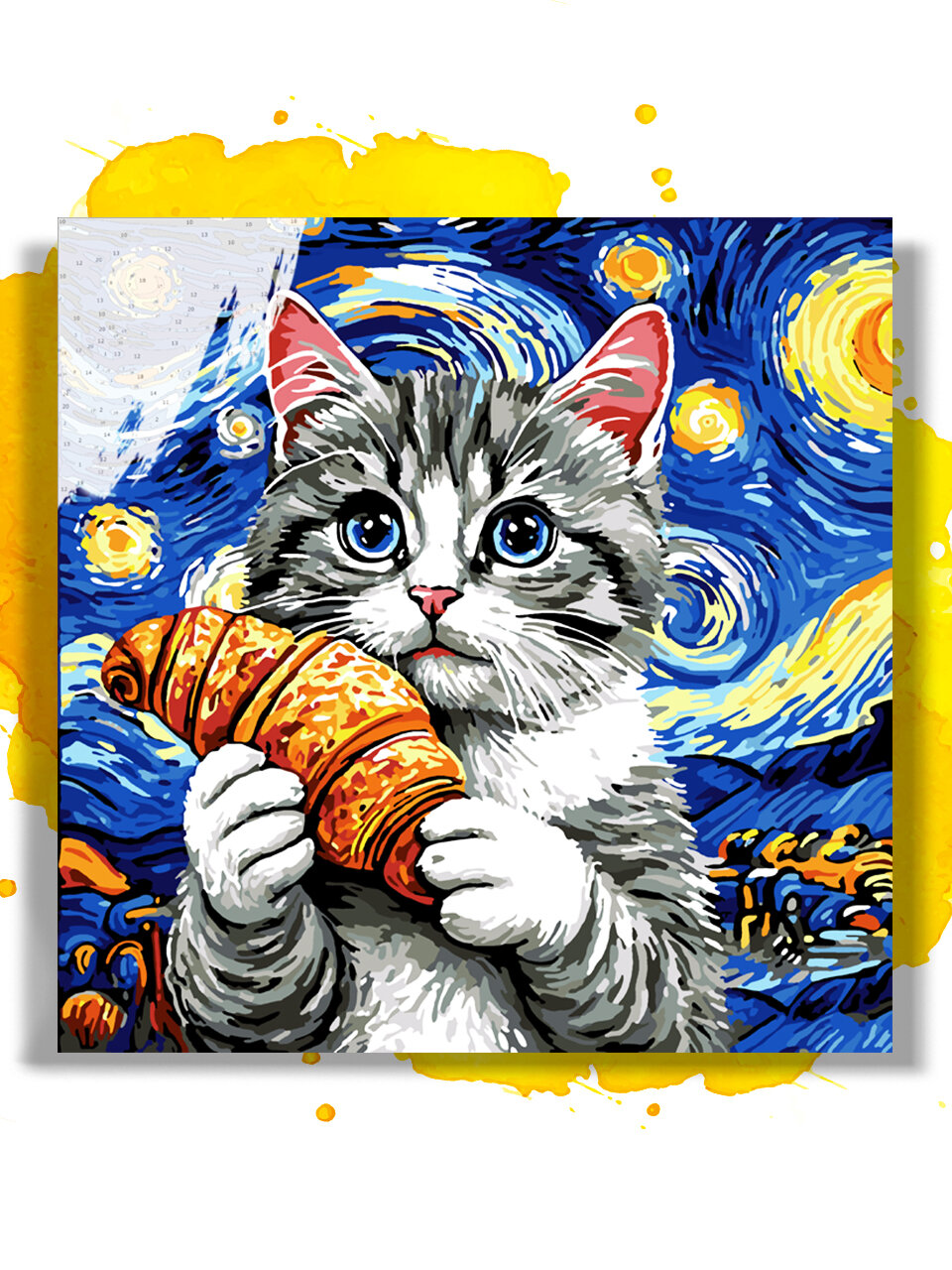Картина по номерам на холсте Кот с круассаном в стиле Ван Гог, 40 х 40 см