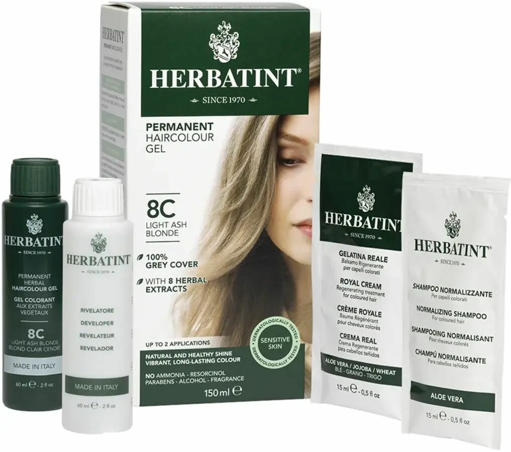 Гель-краска для волос без аммиака с экстрактами натуральных растений тон 8С светлый пепельный блондин HERBATINT, 150 мл