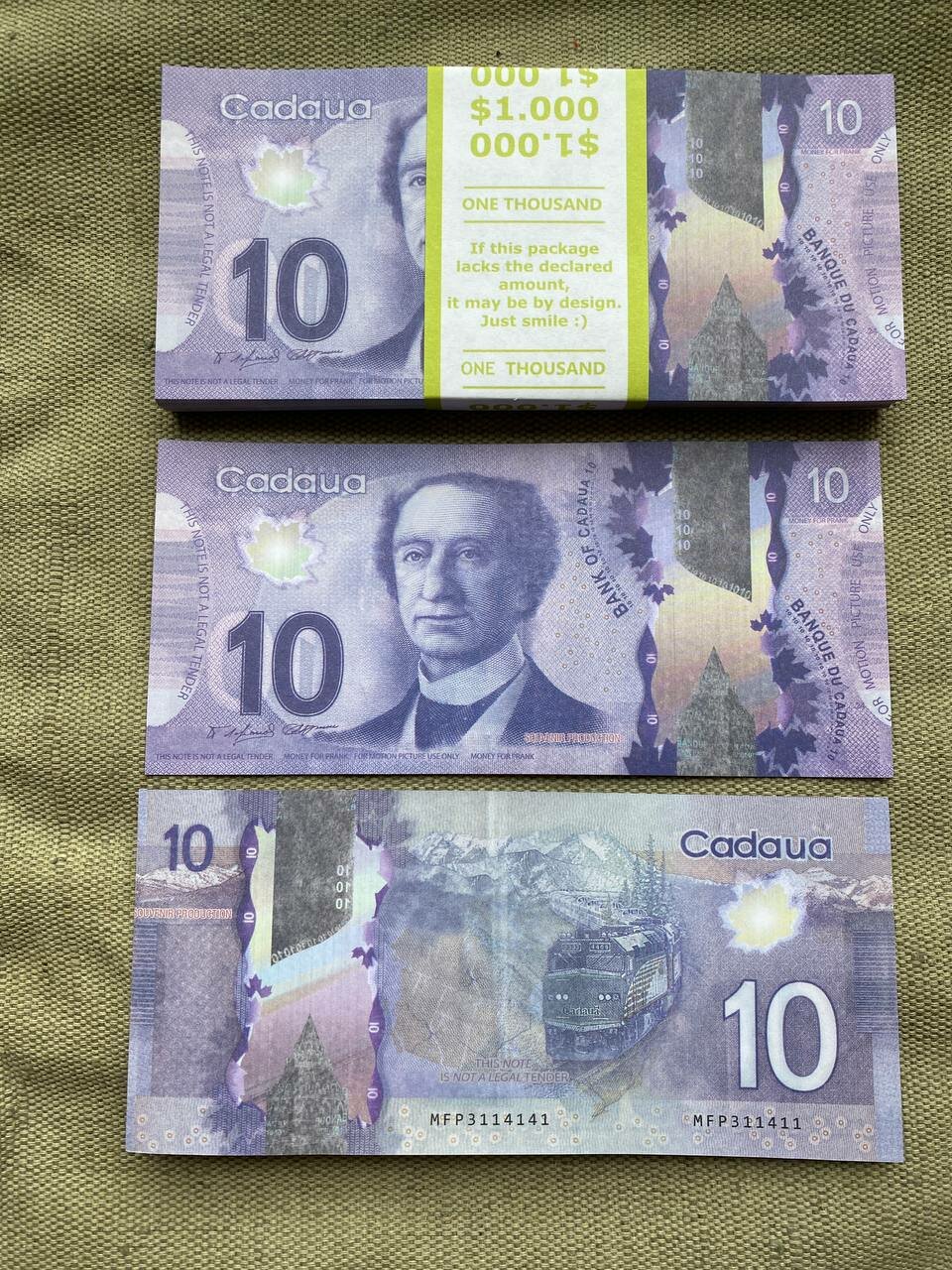 Пачка сувенирных денег 10 канадских долларов (Канада), 80 купюр (билеты банка приколов, бутафорские пачки)
