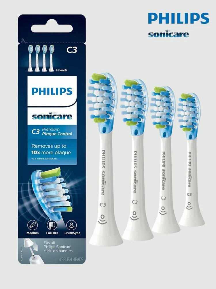 Philips sonicare насадки Philips C3 HX9044/17, для эффективного удаления налёта, белый, 4 шт.