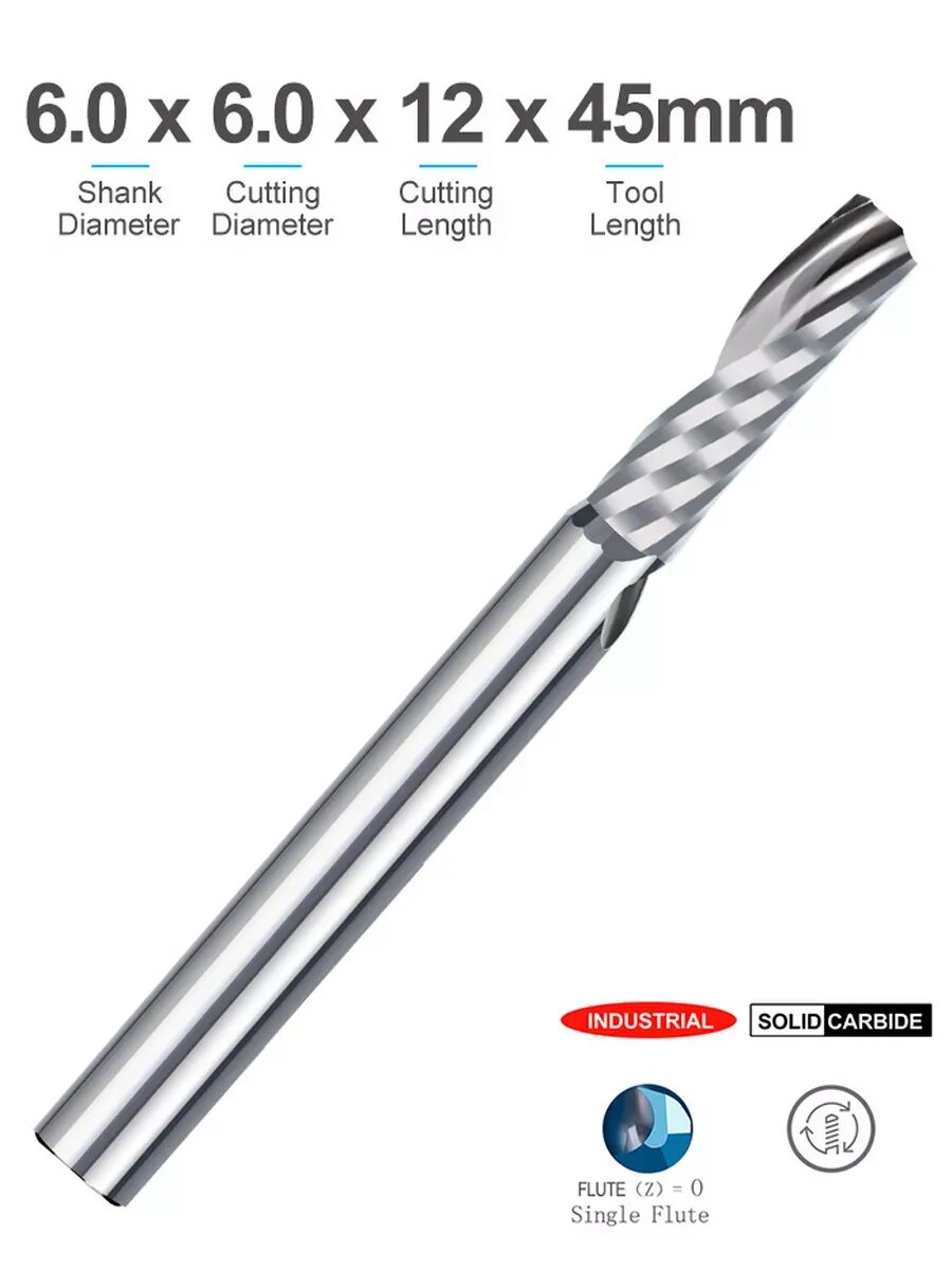 Фреза спиральная однозаходная по алюминию 6х6х12х45 мм