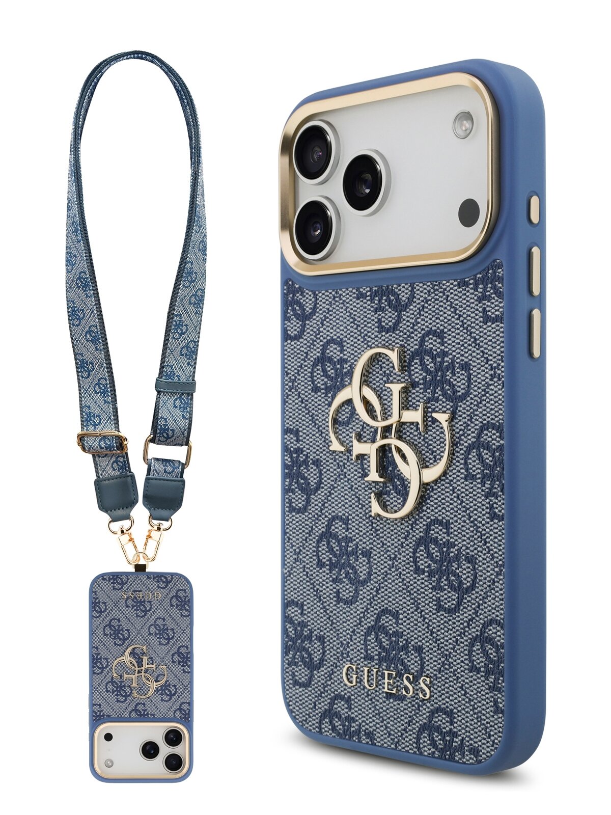 Guess чехол с ремешком для iPhone 17 Pro Max, Crossbody PU кожа 4G Big metal logo Gold camera, синий