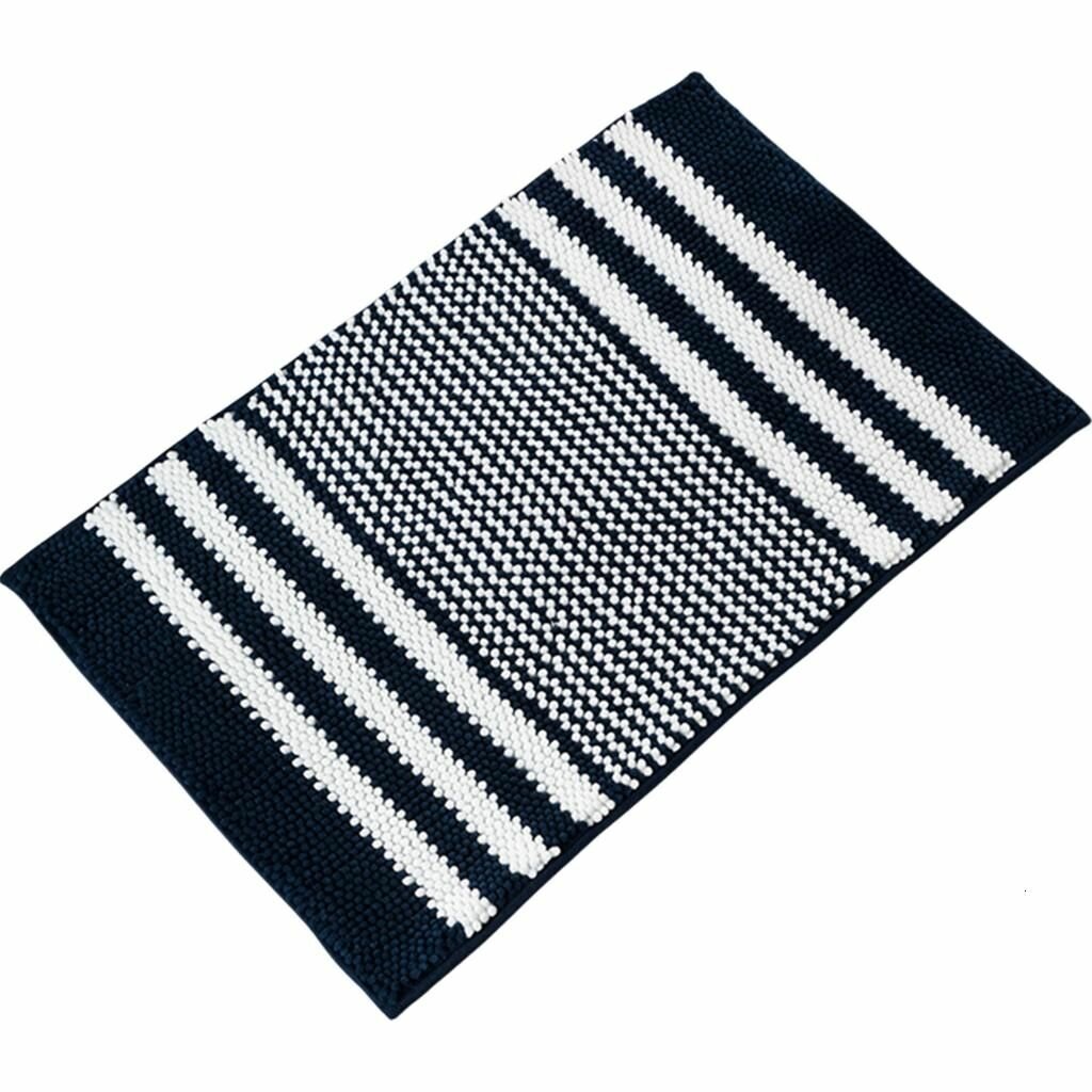 Двухцветный катионный коврик из синели для пола в спальне, полосатый ковер ванной-400 мм x 600 мм-темно-синий