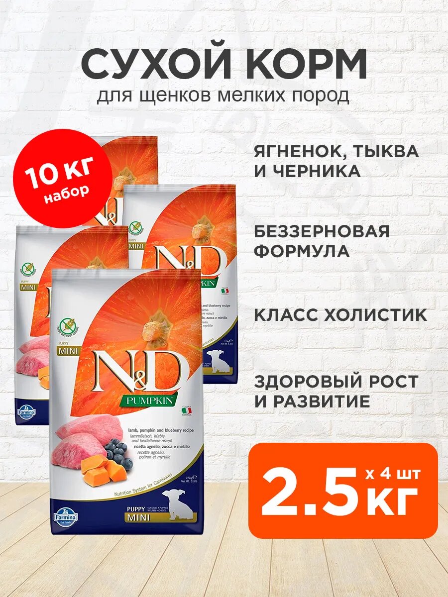 Корм сухой Farmina Dog N&D Grain Free Pumpkin Puppy Mini Lamb & Blueberry беззерновой для щенков маленьких пород, ягненок, черника, тыква, 2,5 кг 4 шт