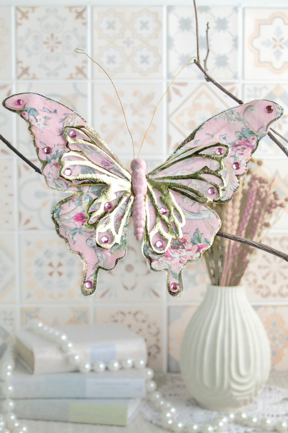 Ёлочная игрушка бабочка - дитя июньского сада на клипсе, полиэстер, полистоун, розовая, 21 см, Goodwill W50008-2