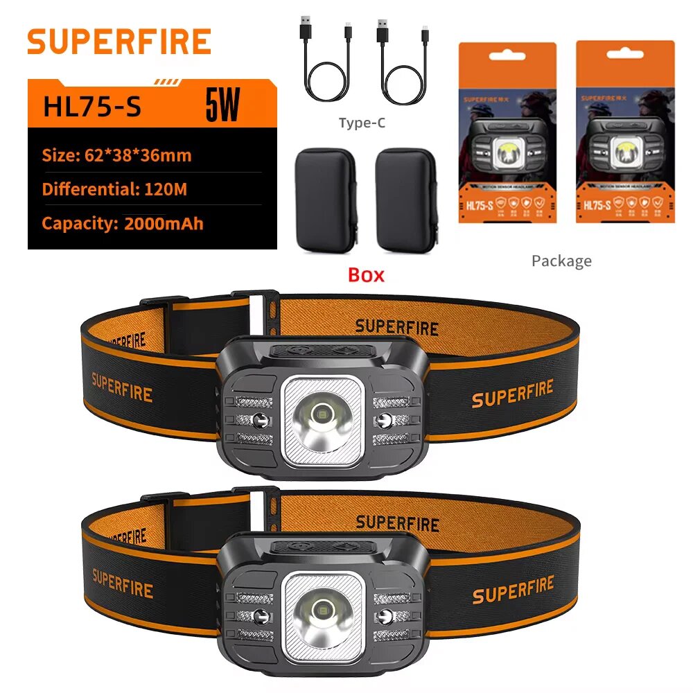 SUPERFIRE HL75-S налобный фонарь 350LM 2000mAh