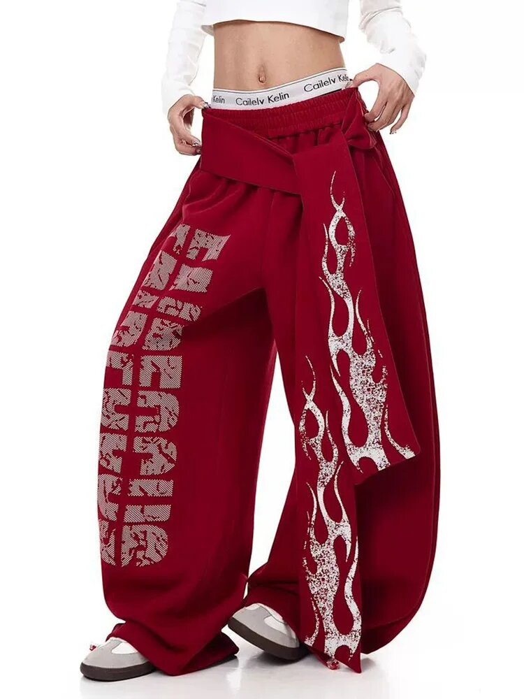 Брюки карго женские бордовые Y2K с принтом, размер S