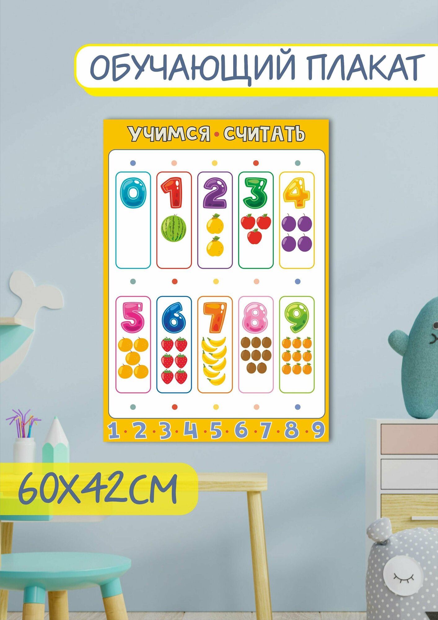 Обучающий плакат с цифрами для детей "Учимся считать до девяти" с принтом фруктов, 42х60 см, формат А2, глянцевая фотобумага