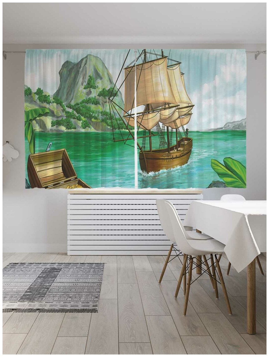 Фотошторы короткие "Пиратский корабль и сокровища", 2 полотна шириной по 145 см, высота 180 см, JoyArty