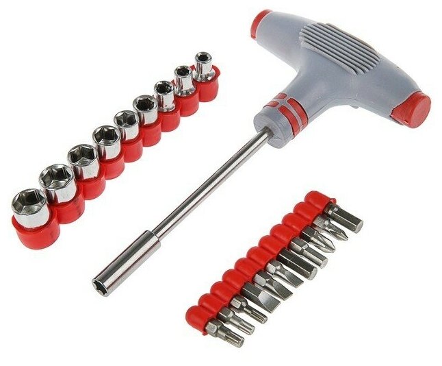 Отвертка с набором бит и головок тундра, Т-образный профилированный держатель, 21 предмет