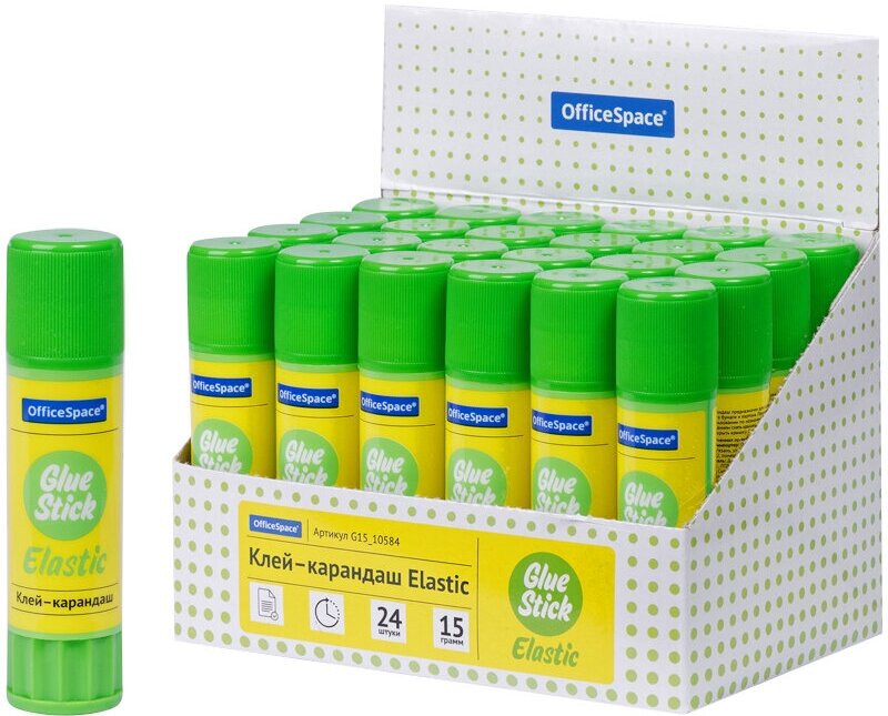 24 шт. Клей-карандаш OfficeSpace "Elastic", 15г, улучшенный, дисплей, ПВП