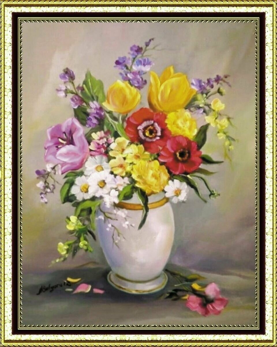 Алмазная мозаика на холсте с подрамником (картина круглыми стразами) 40х50 Цветочный натюрморт