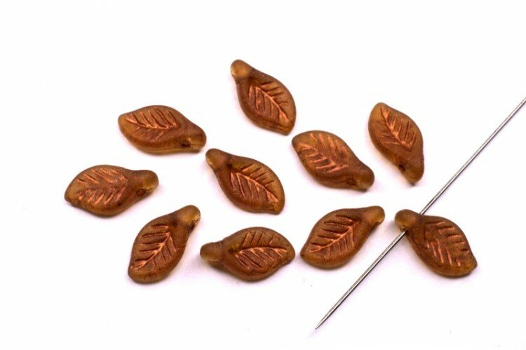 Бусина Листочек 12х6х3мм, цвет 10090/84100/54319 коричневый с медным, прозрачная, 735-171, 10шт