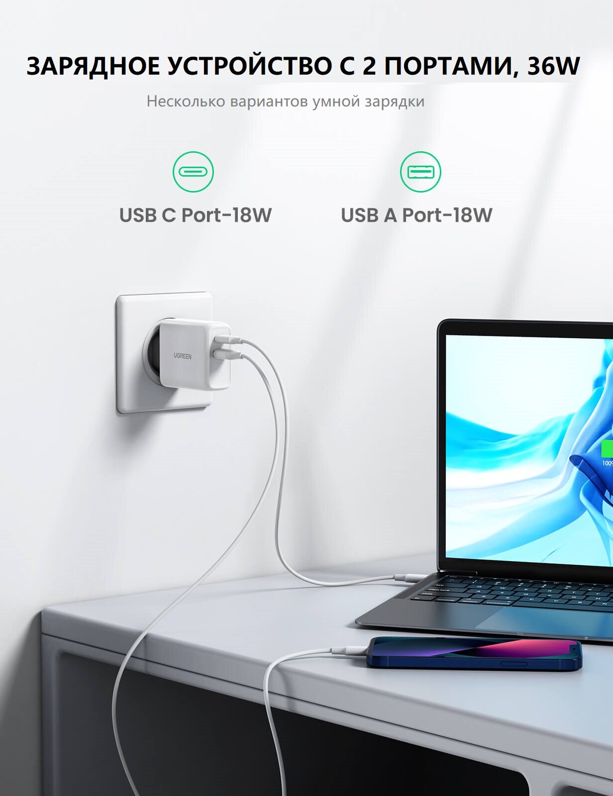 Сетевое з/у Ugreen USB A + USB C 36W Wall Charger (60468) белый