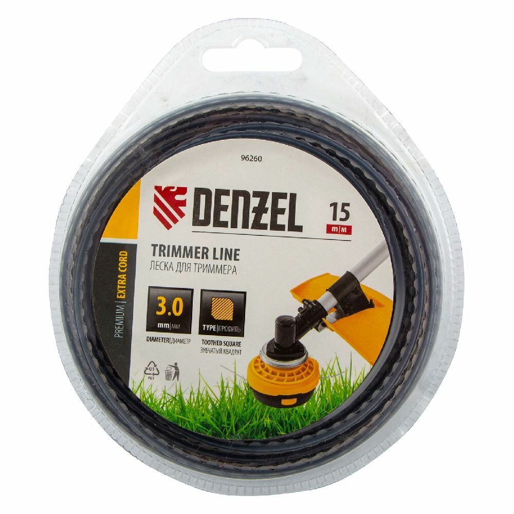 Леска для триммера двухкомпонентная зубчатый квадрат 3.0 мм х 15м, блистер EXTRA CORD, Denzel 96260