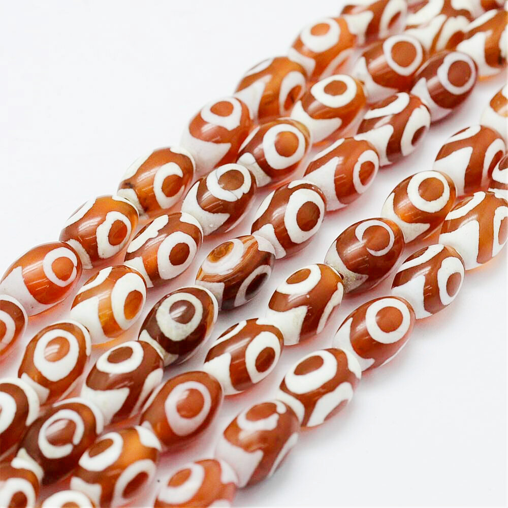 Бусины каменные агат Дзи, 3 глаза, 12х8мм, овальной формы (рис), оранжево-коричневые с белым, 14 шт, низка