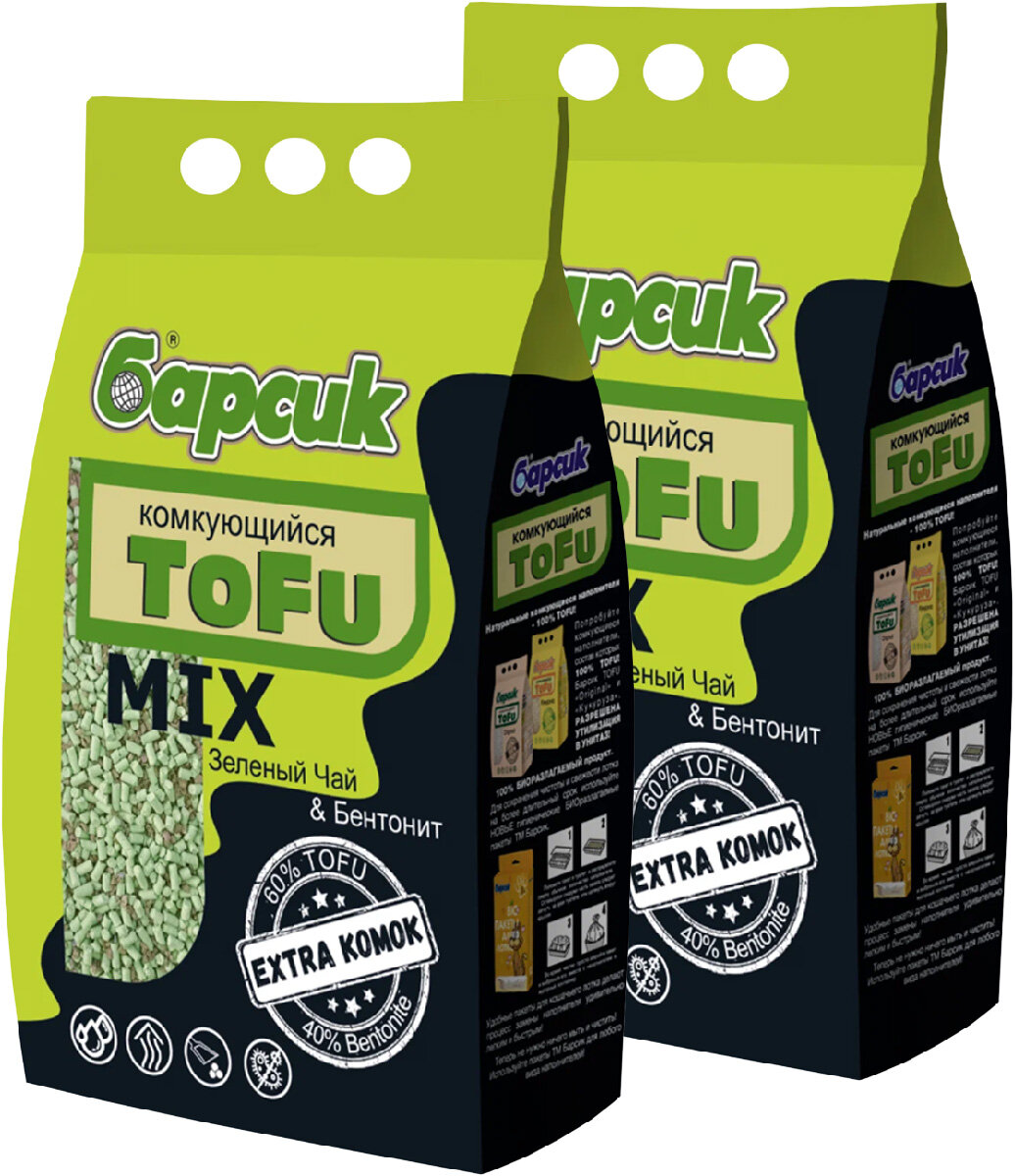 Барсик TOFU MIX зелёный ЧАЙ & бентонит наполнитель комкующийся для туалета кошек 4,54 + 4,54 л