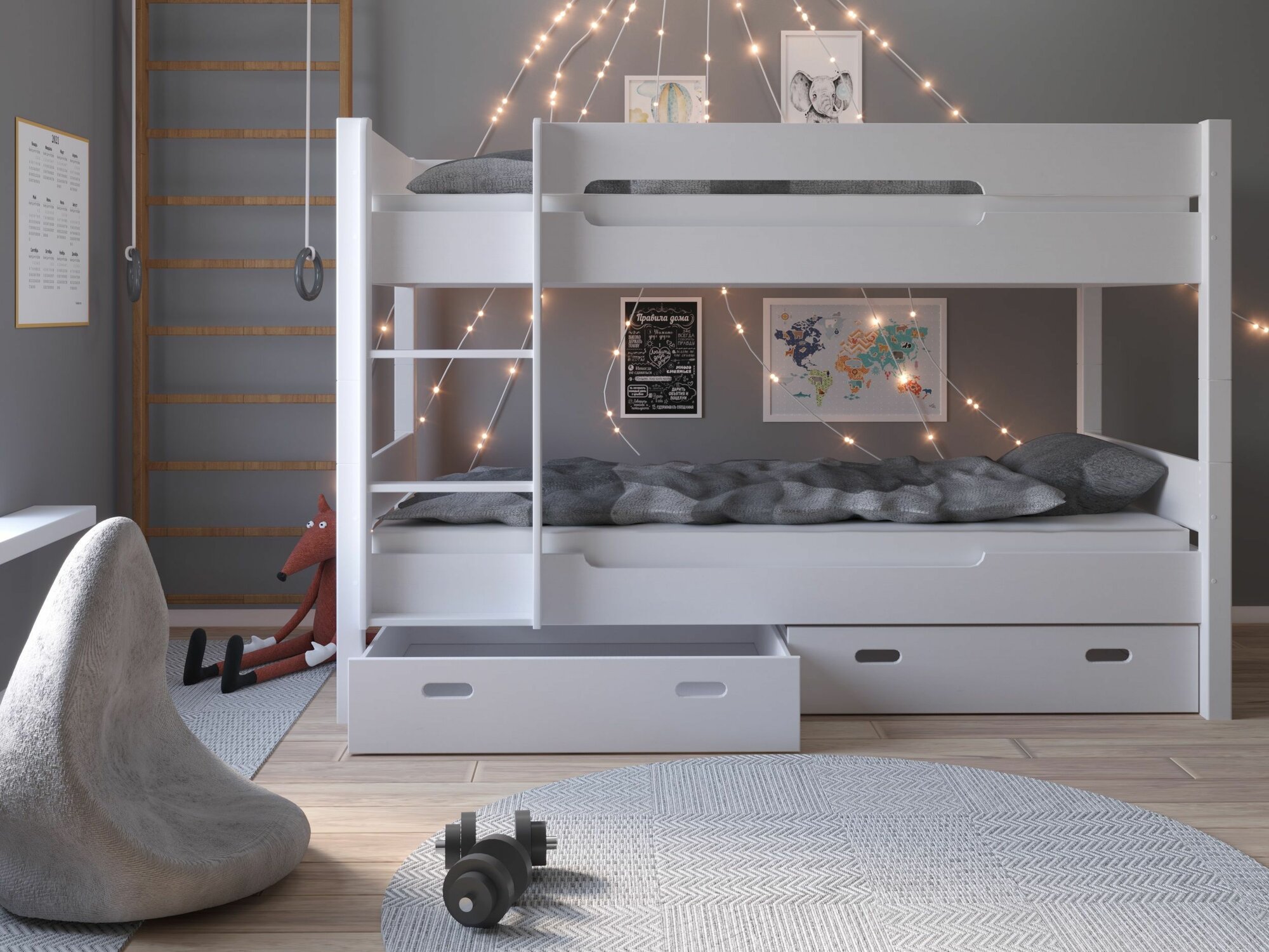 Кровать амелия 2Х ярусная С ящиками для белья Белый воск