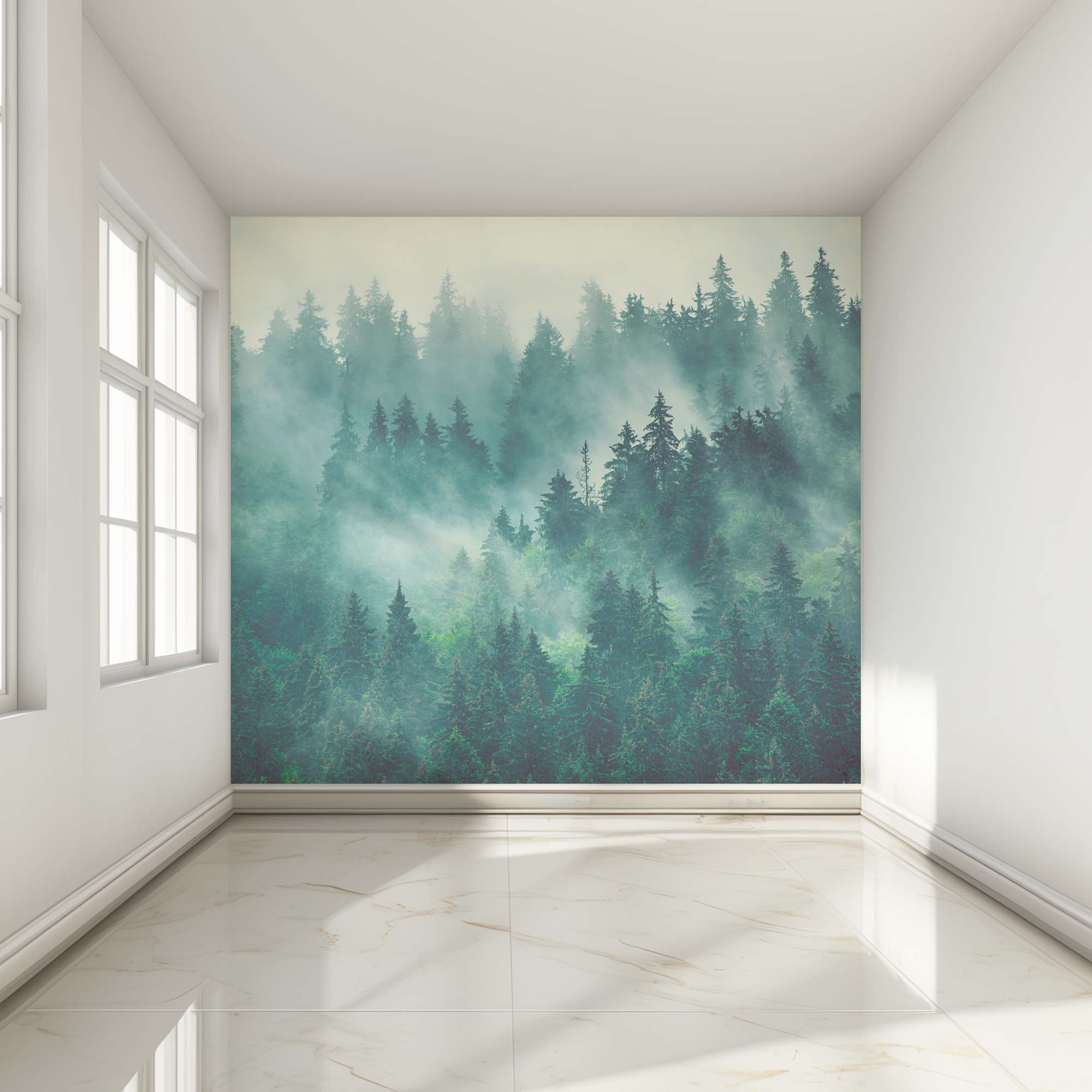 Фотообои 3д на стену "Туманный лес", флизелиновые 300х270 см на кухню, спальню, зал