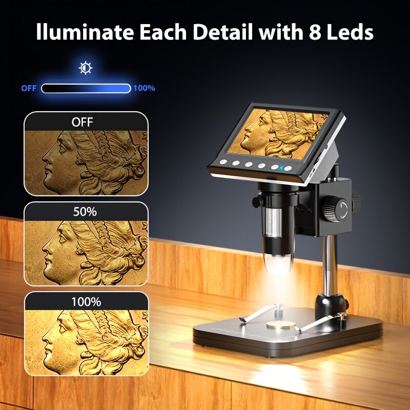 Цифровой микроскоп, 4.3-дюймовый LCD USB микроскоп для монет, 1000X 1080P лупа для ошибок монет с 8 регулируемыми светодиодами, просмотр на ПК, совместимый с Windows для взрослых