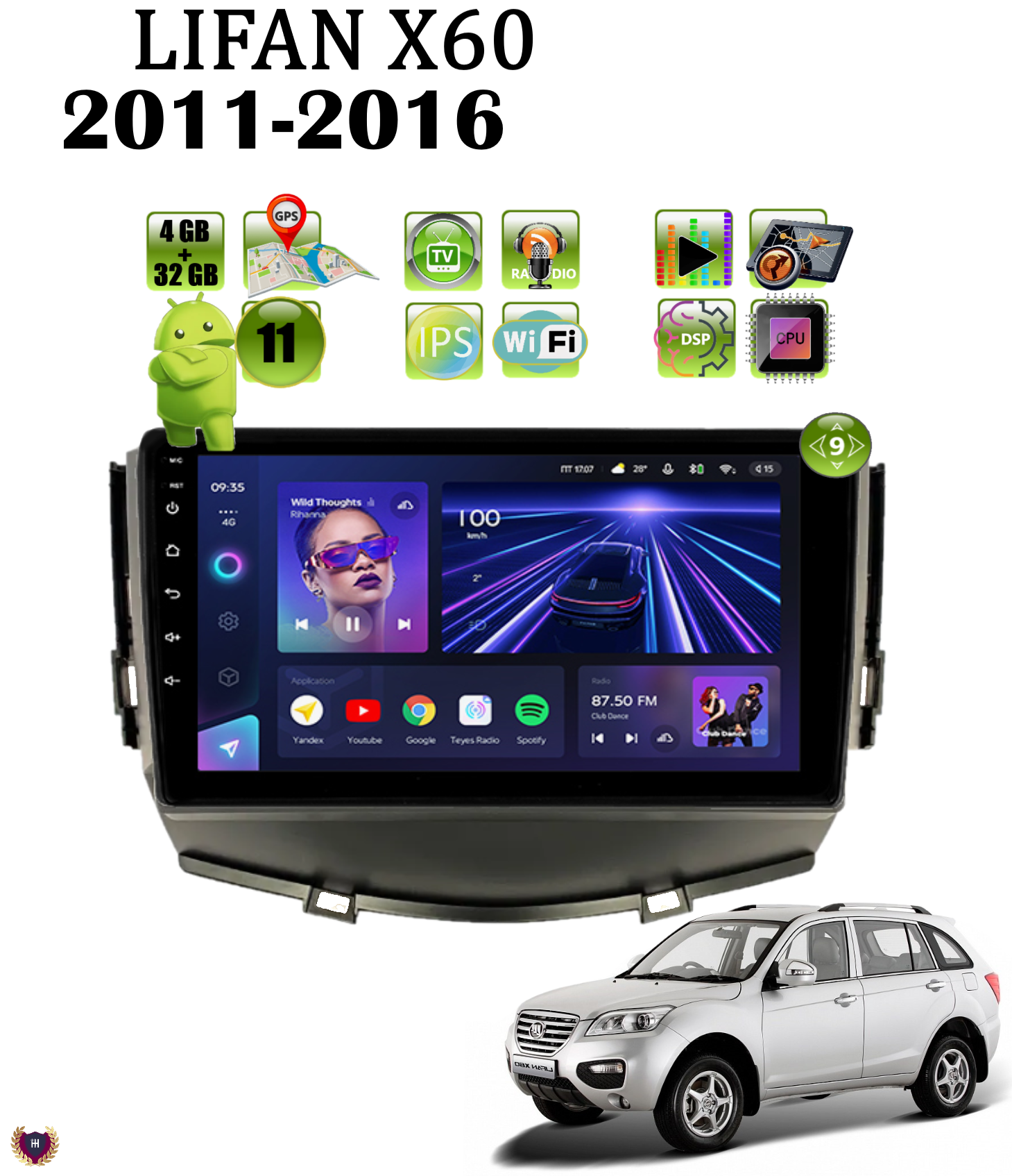 Автомагнитола для Lifan X60 (2011-2016) , Android 11, 4/32 GB, CarPlay, Bluetooth, WiFi, GPS, FM, сенсорные кнопки, поддержка кнопок на руле