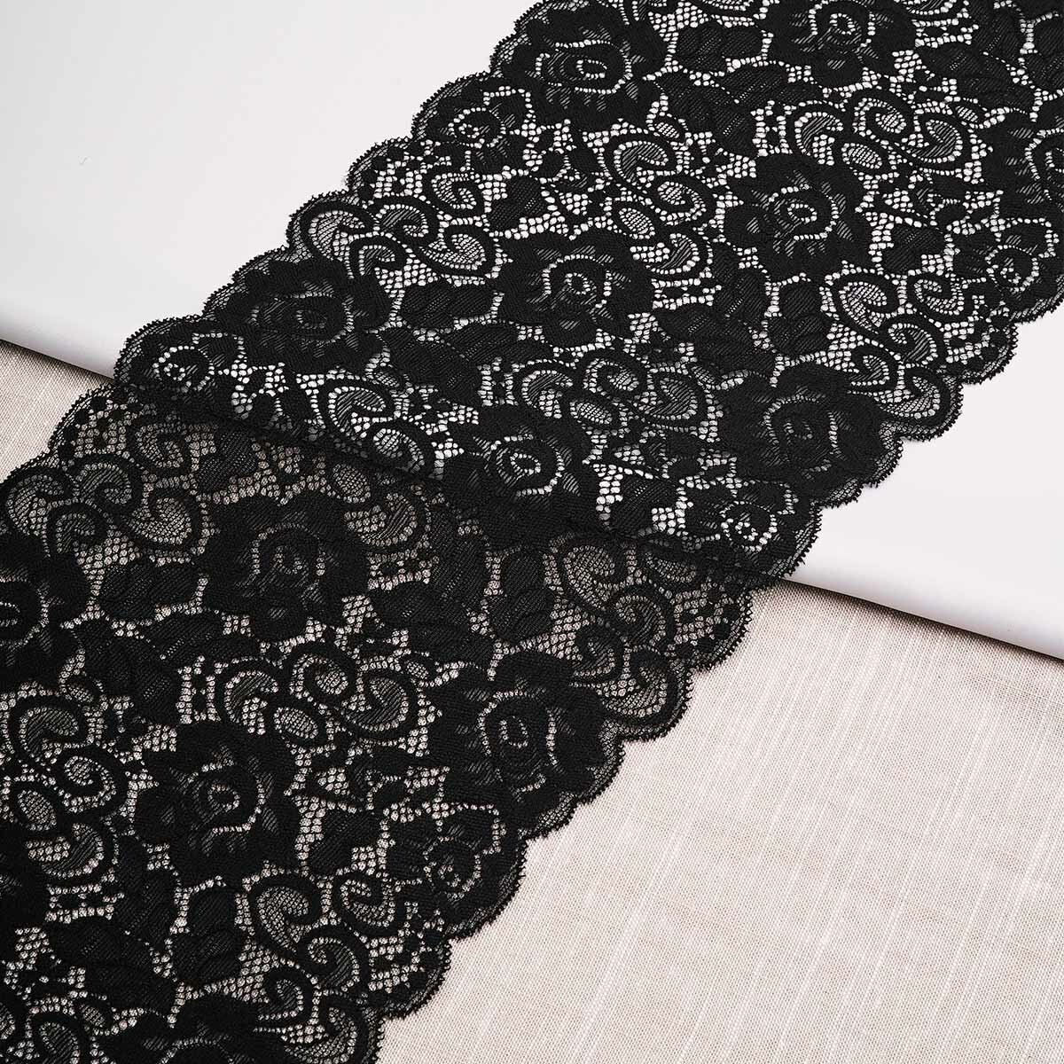 Кружево эластичное широкое, 17,5 см × 13,72 м, черное, для пошива одежды и нижнего белья, Айрис