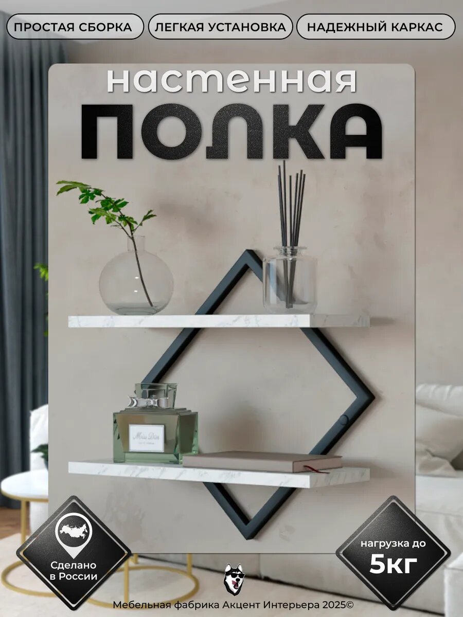 Полка настенная черная белый мрамор