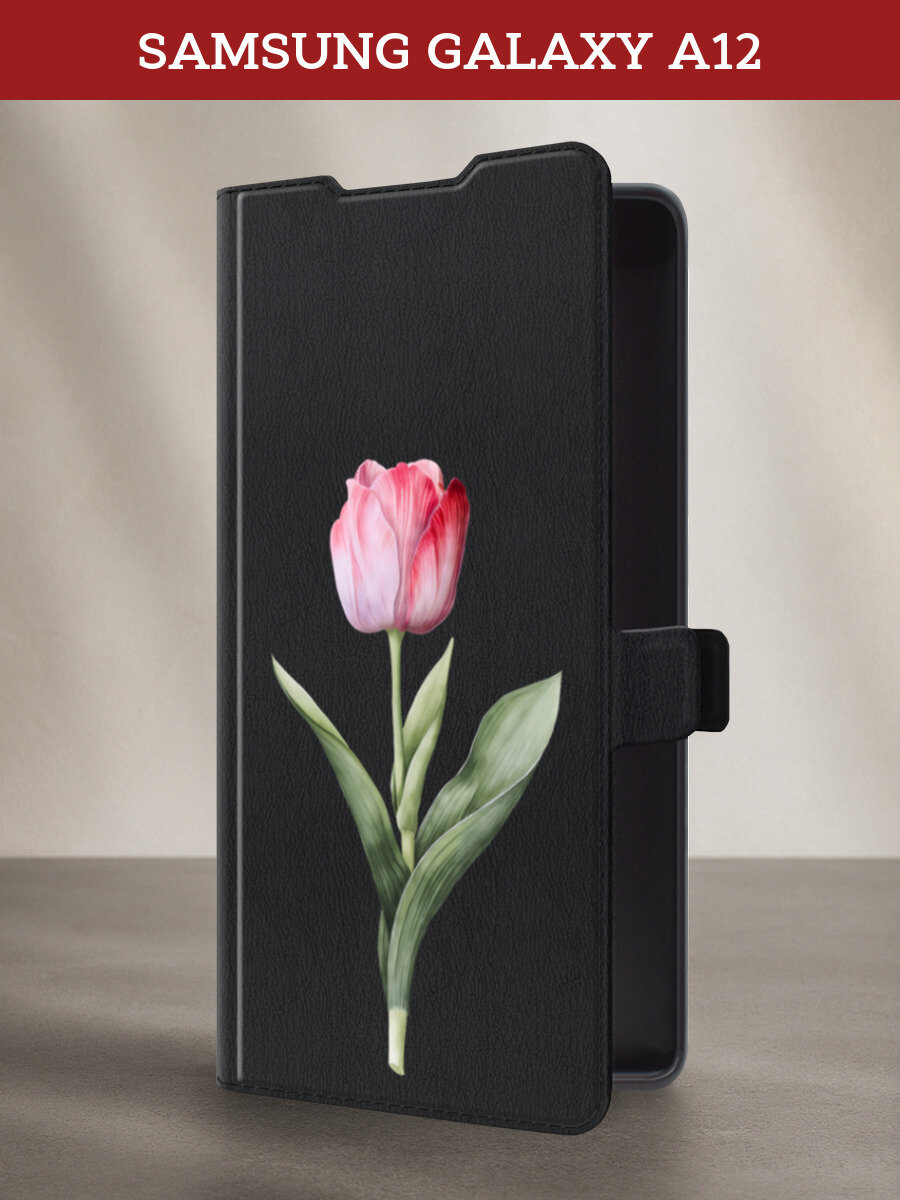 Чехол-книжка на Samsung Galaxy A12/M12 / Самсунг Галакси А12/М12 с принтом Розовый тюльпан фото, черный