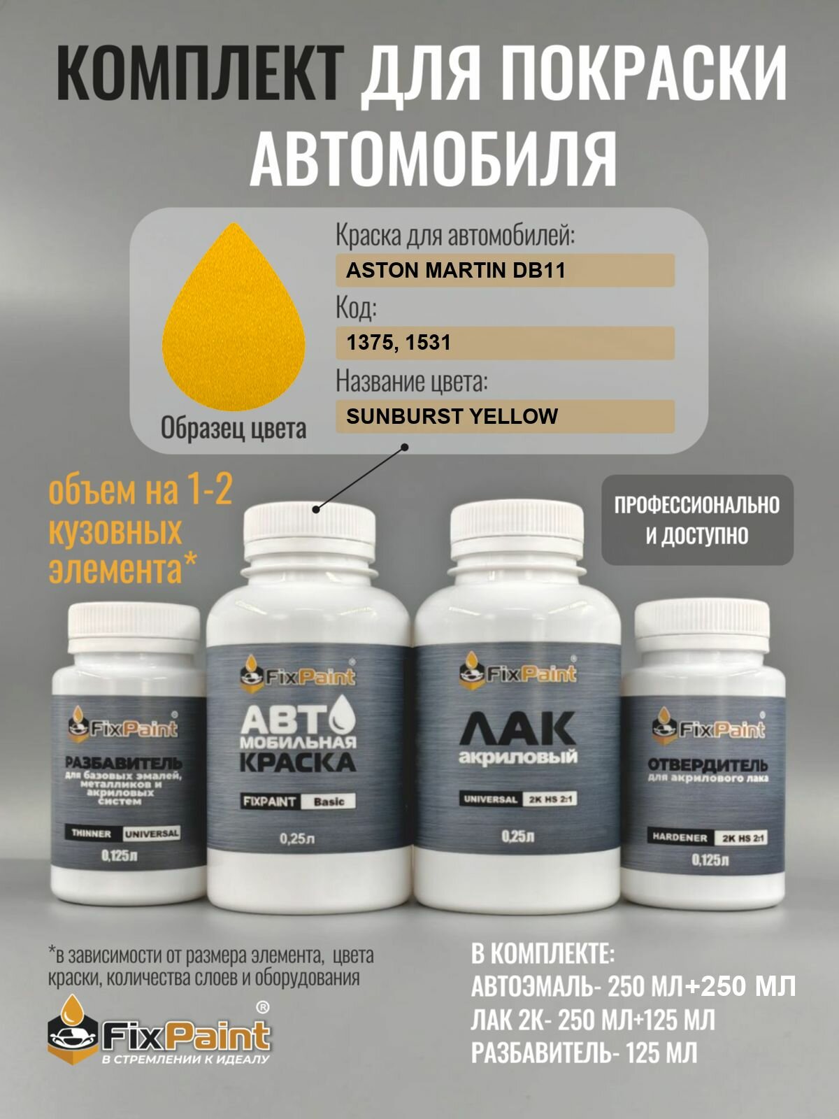 Комплект для покраски ASTON MARTIN DB11, код 1375, 1531, Трехслойная SUNBURST YELLOW, базовая автомобильная краска 500 мл, лак 2K 250 мл с отвердителем, разбавитель 125 мл, FixPaint Pro
