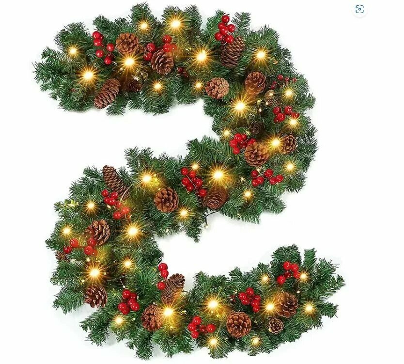 Гирлянда хвойная с шишками, ягодами, подсветкой; гирлянда новогодняя хвоя