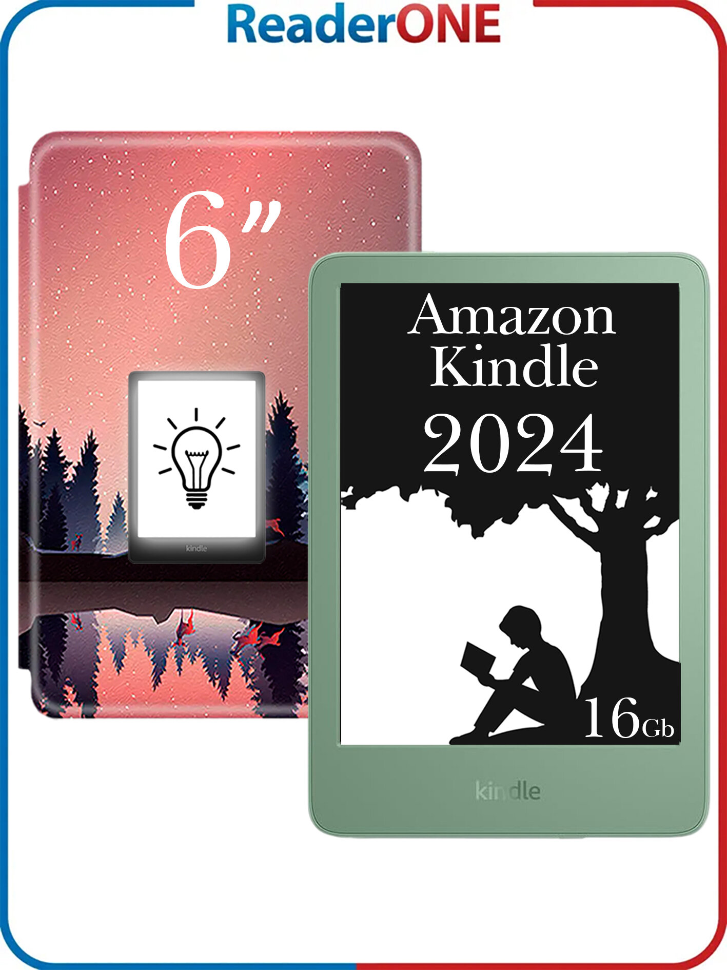 Электронная книга Amazon Kindle 11, 6 дюймов, 2024, 16 Гб, SO, зеленая (Matcha) с обложкой ReaderONE Forest